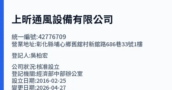 上昕通風設備有限公司的照片-統編 42776709(彰化縣) 公司登記資料與營業項目詳細圖表