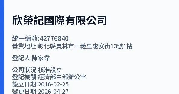 欣榮記國際有限公司的照片-統編 42776840(彰化縣) 公司登記資料與營業項目詳細圖表