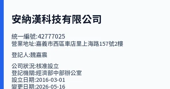 安納漢科技有限公司的照片-統編 42777025(嘉義市) 公司登記資料與營業項目詳細圖表