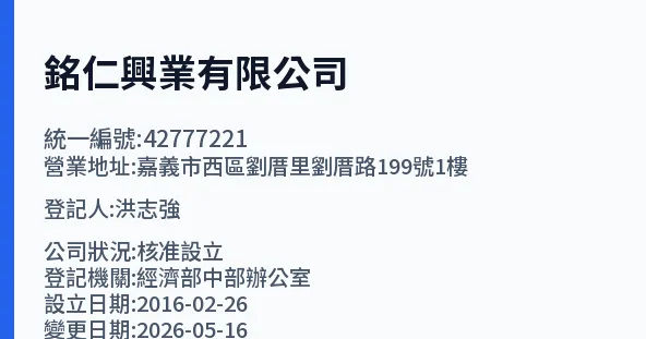 銘仁興業有限公司的照片-統編 42777221(嘉義市) 公司登記資料與營業項目詳細圖表