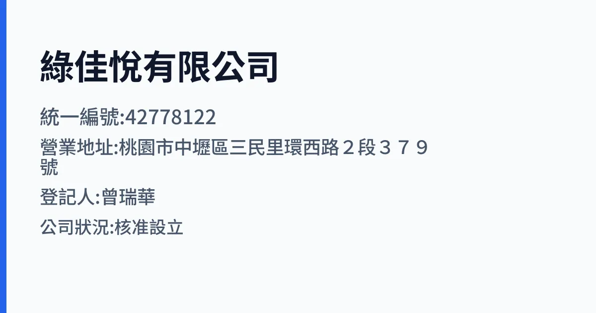 綠佳悅有限公司 - 統編 42778122(桃園市) 公司登記資料與營業項目詳細圖表