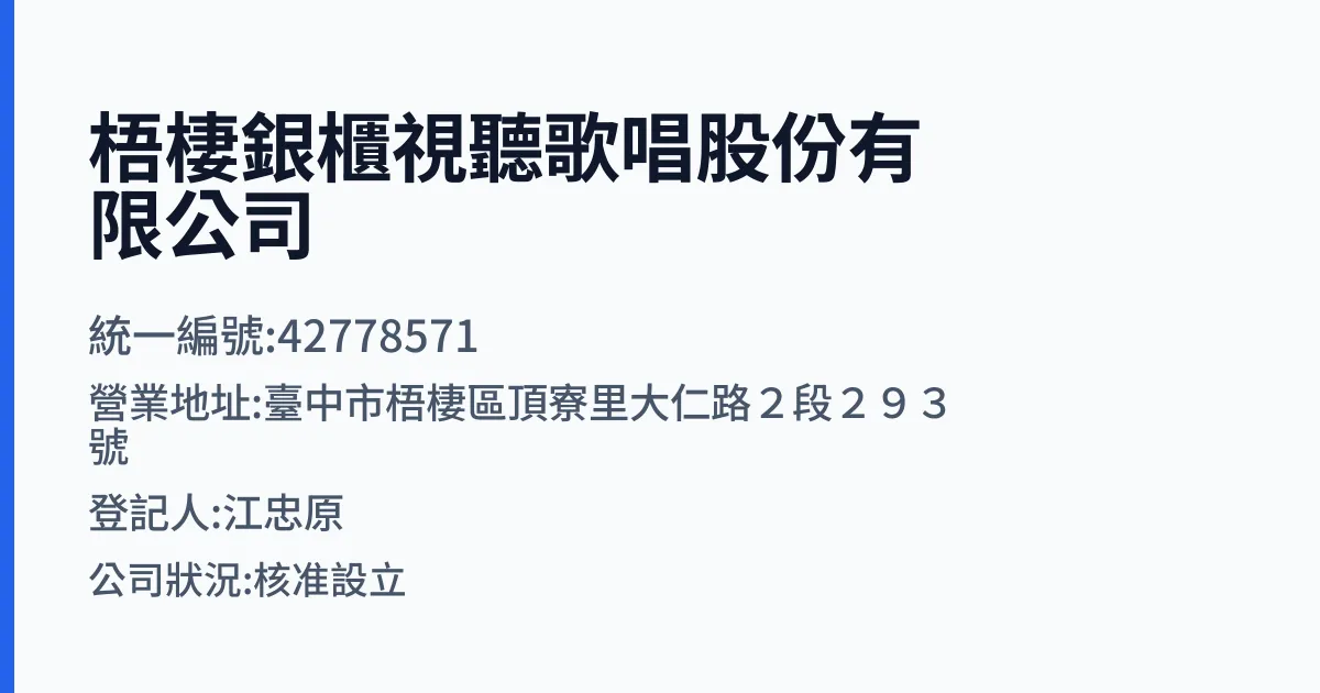 梧棲銀櫃視聽歌唱股份有限公司 - 統編 42778571(臺中市) 公司登記資料與營業項目詳細圖表