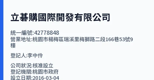 立碁購國際開發有限公司的照片-統編 42778848(桃園市) 公司登記資料與營業項目詳細圖表