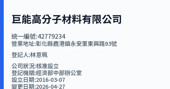 巨能高分子材料有限公司的照片-統編 42779234(彰化縣) 公司登記資料與營業項目詳細圖表
