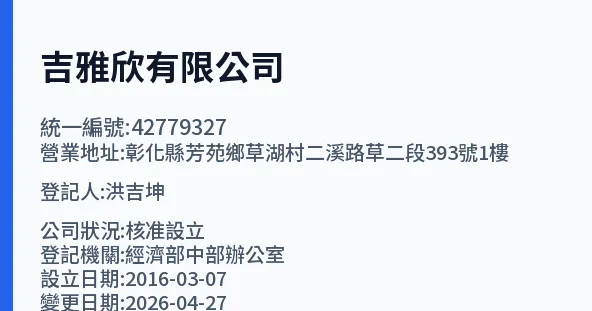 吉雅欣有限公司的照片-統編 42779327(彰化縣) 公司登記資料與營業項目詳細圖表