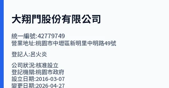 大翔門股份有限公司的照片-統編 42779749(桃園市) 公司登記資料與營業項目詳細圖表