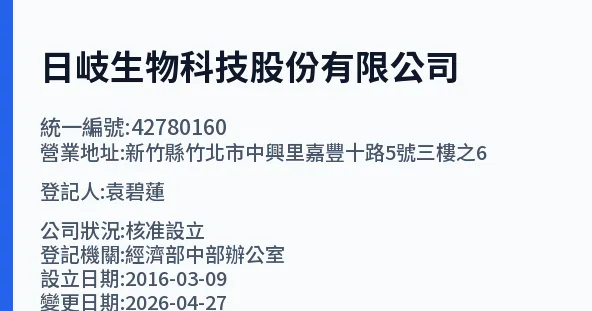 日岐生物科技股份有限公司的照片-統編 42780160(新竹縣) 公司登記資料與營業項目詳細圖表