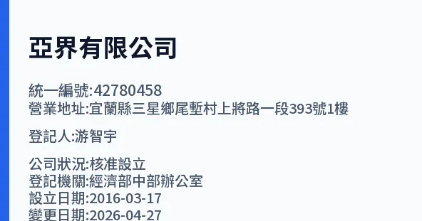 亞界有限公司的照片-統編 42780458(宜蘭縣) 公司登記資料與營業項目詳細圖表