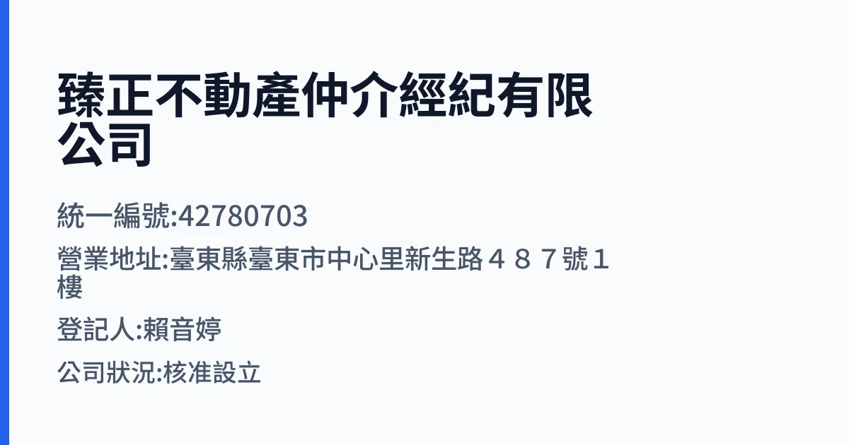 臻正不動產仲介經紀有限公司 - 統編 42780703(臺東縣) 公司登記資料與營業項目詳細圖表