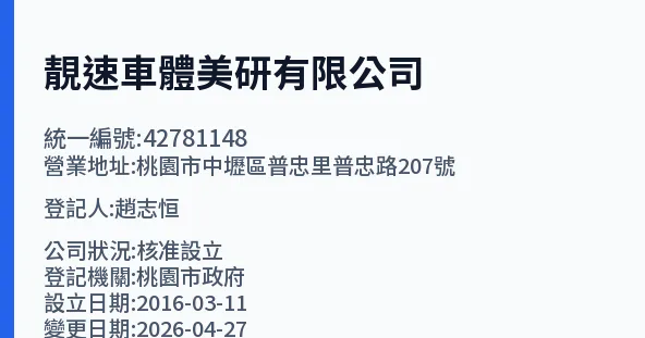 靚速車體美研有限公司的照片-統編 42781148(桃園市) 公司登記資料與營業項目詳細圖表