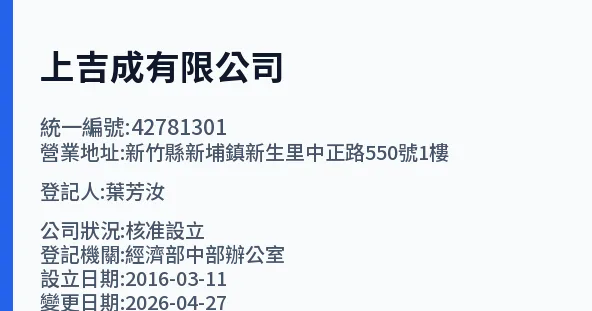 上吉成有限公司的照片-統編 42781301(新竹縣) 公司登記資料與營業項目詳細圖表