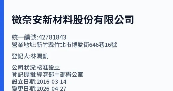 微奈安新材料股份有限公司的照片-統編 42781843(新竹縣) 公司登記資料與營業項目詳細圖表