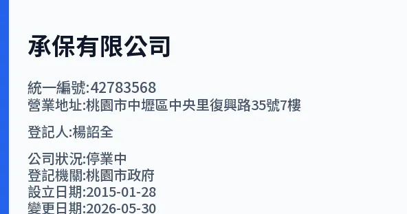 承保有限公司的照片-統編 42783568(桃園市) 公司登記資料與營業項目詳細圖表