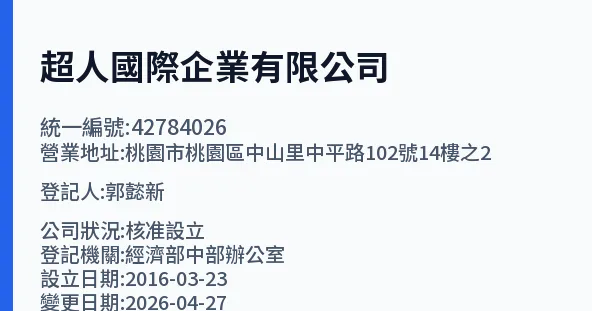 超人國際企業有限公司的照片-統編 42784026(桃園市) 公司登記資料與營業項目詳細圖表