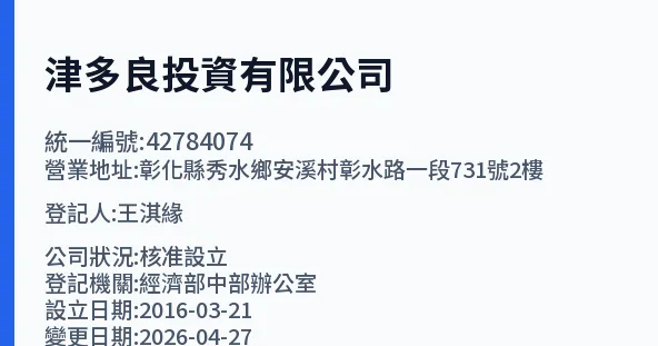 津多良投資有限公司的照片-統編 42784074(彰化縣) 公司登記資料與營業項目詳細圖表