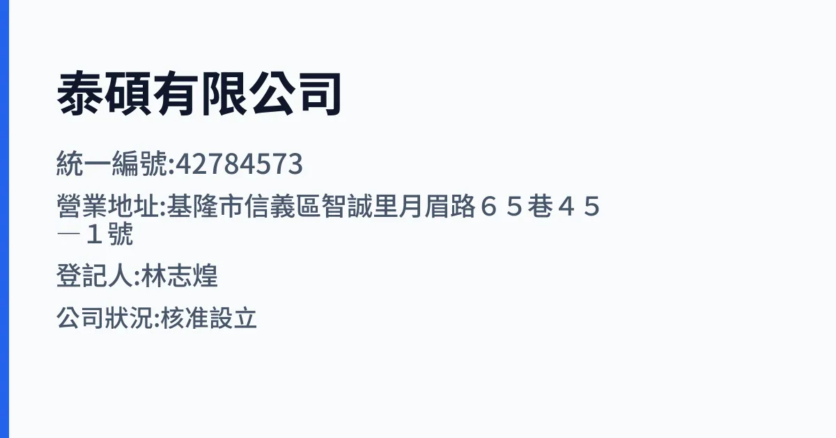泰碩有限公司 - 統編 42784573(基隆市) 公司登記資料與營業項目詳細圖表