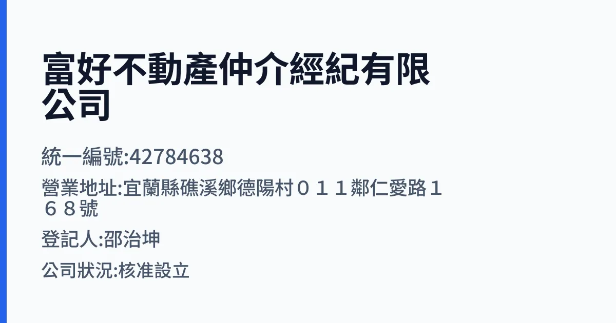 富好不動產仲介經紀有限公司 - 統編 42784638(宜蘭縣) 公司登記資料與營業項目詳細圖表