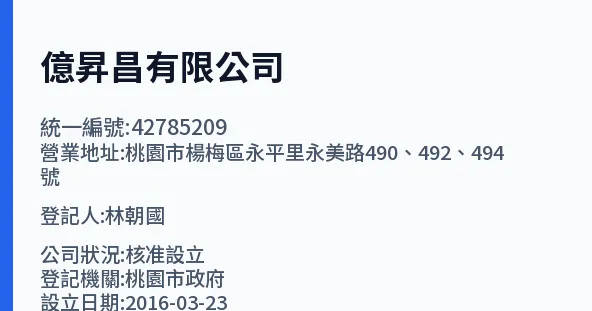 億昇昌有限公司的照片-統編 42785209(桃園市) 公司登記資料與營業項目詳細圖表