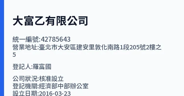 大富乙有限公司的照片-統編 42785643(臺北市) 公司登記資料與營業項目詳細圖表