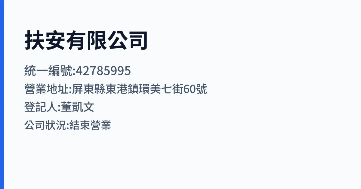 扶安有限公司 - 統編 42785995(屏東縣) 公司登記資料與營業項目詳細圖表