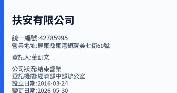 扶安有限公司的照片-統編 42785995(屏東縣) 公司登記資料與營業項目詳細圖表