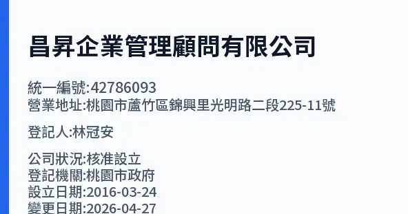 昌昇企業管理顧問有限公司的照片-統編 42786093(桃園市) 公司登記資料與營業項目詳細圖表