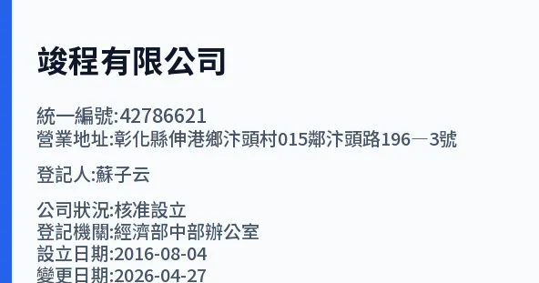 竣程有限公司的照片-統編 42786621(彰化縣) 公司登記資料與營業項目詳細圖表