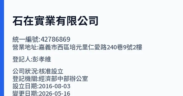 石在實業有限公司的照片-統編 42786869(嘉義市) 公司登記資料與營業項目詳細圖表