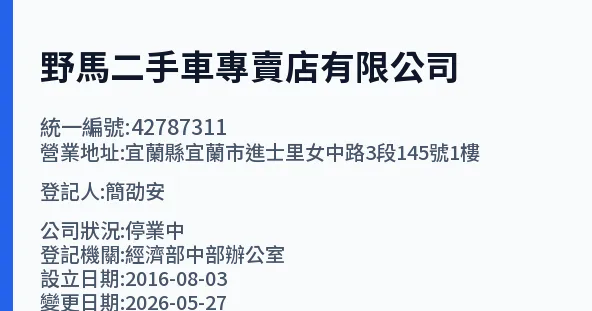 野馬二手車專賣店有限公司的照片-統編 42787311(宜蘭縣) 公司登記資料與營業項目詳細圖表