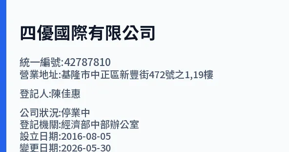 四優國際有限公司的照片-統編 42787810(基隆市) 公司登記資料與營業項目詳細圖表
