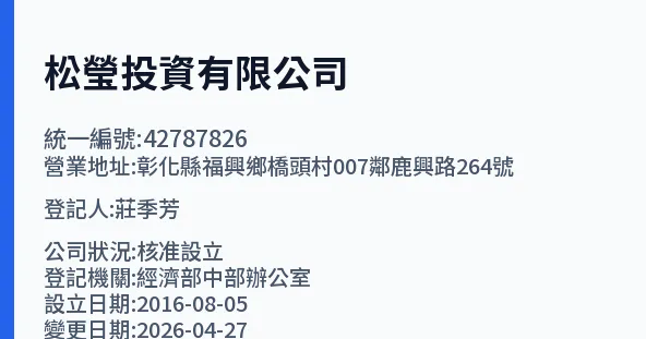 松瑩投資有限公司的照片-統編 42787826(彰化縣) 公司登記資料與營業項目詳細圖表