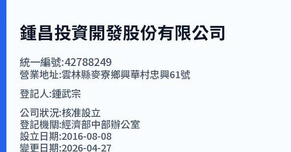 鍾昌投資開發股份有限公司的照片-統編 42788249(雲林縣) 公司登記資料與營業項目詳細圖表