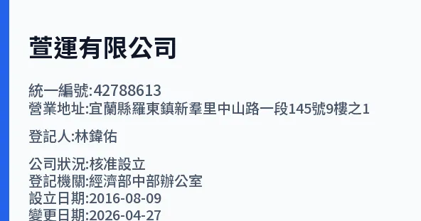 萱運有限公司的照片-統編 42788613(宜蘭縣) 公司登記資料與營業項目詳細圖表