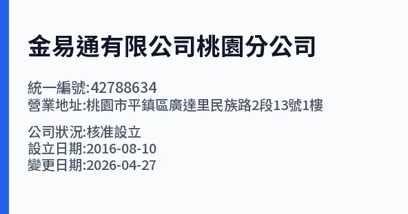 金易通有限公司桃園分公司的照片-統編 42788634(桃園市) 公司登記資料與營業項目詳細圖表