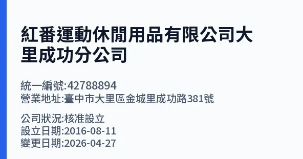 紅番運動休閒用品有限公司大里成功分公司的照片-統編 42788894(臺中市) 公司登記資料與營業項目詳細圖表