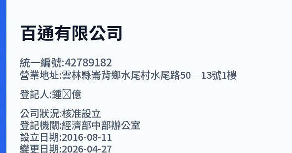 百通有限公司的照片-統編 42789182(雲林縣) 公司登記資料與營業項目詳細圖表