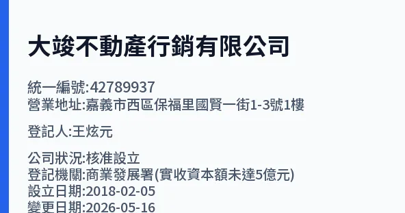 大竣不動產行銷有限公司的照片-統編 42789937(嘉義市) 公司登記資料與營業項目詳細圖表