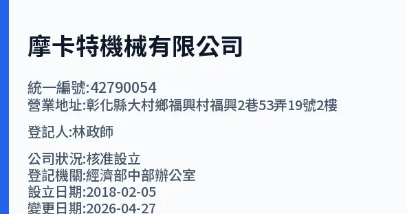 摩卡特機械有限公司的照片-統編 42790054(彰化縣) 公司登記資料與營業項目詳細圖表
