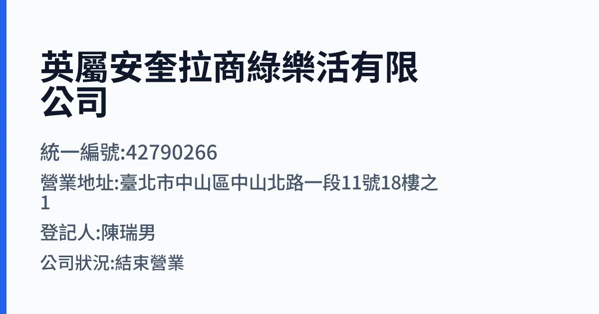 英屬安奎拉商綠樂活有限公司 - 統編 42790266(臺北市) 公司登記資料與營業項目詳細圖表