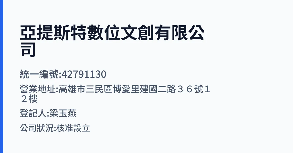亞提斯特數位文創有限公司 - 統編 42791130(高雄市) 公司登記資料與營業項目詳細圖表