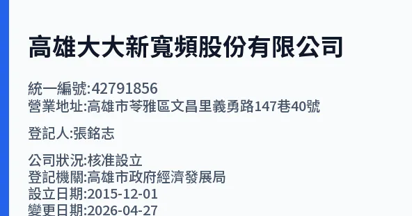 高雄大大新寬頻股份有限公司的照片-統編 42791856(高雄市) 公司登記資料與營業項目詳細圖表