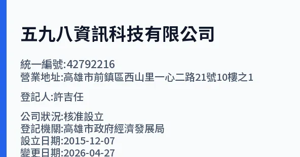 五九八資訊科技有限公司的照片-統編 42792216(高雄市) 公司登記資料與營業項目詳細圖表