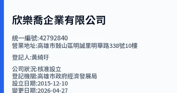 欣樂喬企業有限公司的照片-統編 42792840(高雄市) 公司登記資料與營業項目詳細圖表