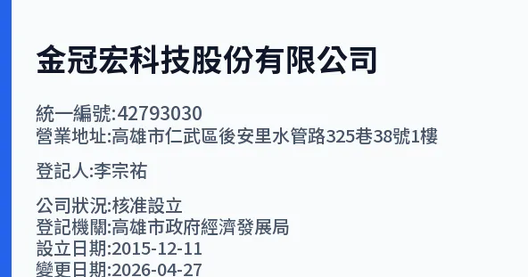 金冠宏科技股份有限公司的照片-統編 42793030(高雄市) 公司登記資料與營業項目詳細圖表