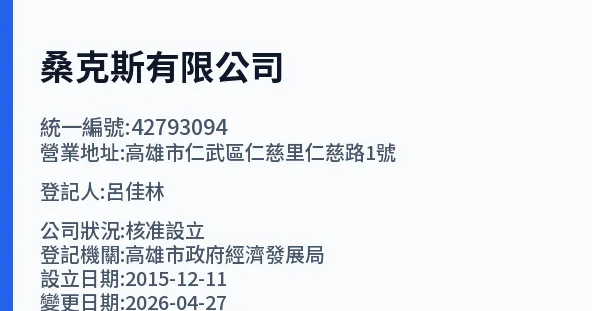桑克斯有限公司的照片-統編 42793094(高雄市) 公司登記資料與營業項目詳細圖表