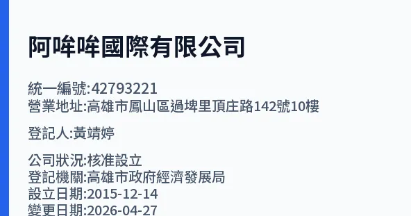 阿哞哞國際有限公司的照片-統編 42793221(高雄市) 公司登記資料與營業項目詳細圖表