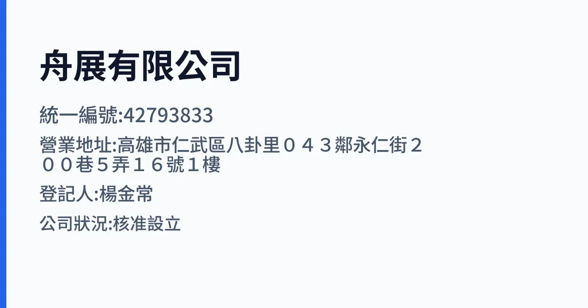 舟展有限公司 - 統編 42793833(高雄市) 公司登記資料與營業項目詳細圖表