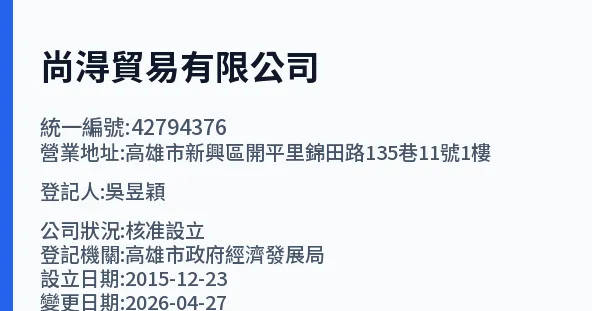 尚淂貿易有限公司的照片-統編 42794376(高雄市) 公司登記資料與營業項目詳細圖表