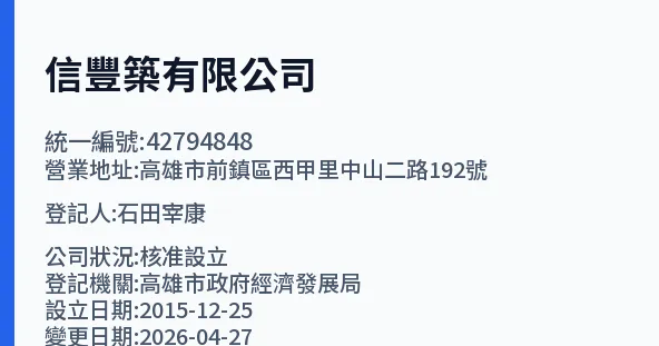 信豐築有限公司的照片-統編 42794848(高雄市) 公司登記資料與營業項目詳細圖表