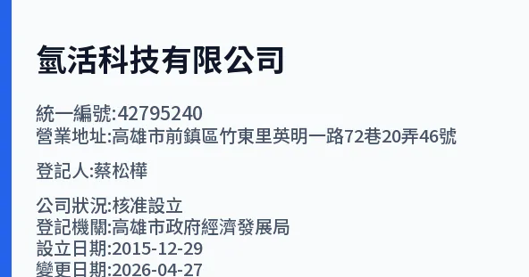 氫活科技有限公司的照片-統編 42795240(高雄市) 公司登記資料與營業項目詳細圖表